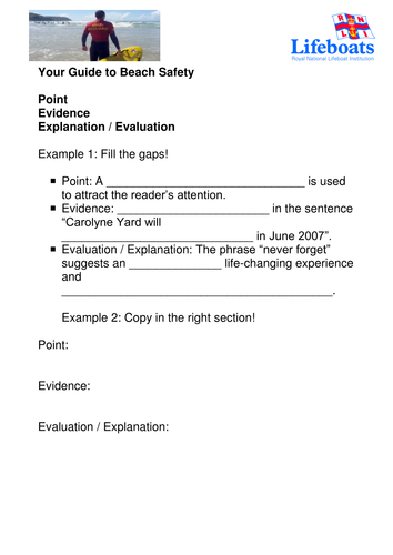 Beach Safety (IGCSE Anthology) P.E.E practice | Teaching Resources