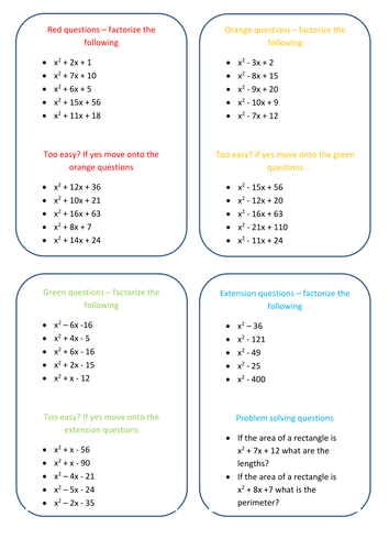 Factorize quadratics challenge cards | Teaching Resources