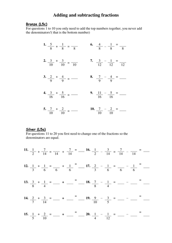 Adding and Subtracting Fractions (L5-6/Grades E-D) | Teaching Resources