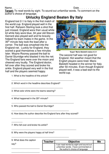 World Cup Reading Comprehension | Teaching Resources