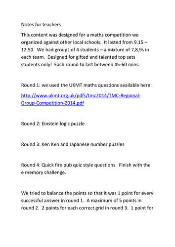 Math Team Challenge - Inter-School Quiz Resources | Teaching Resources