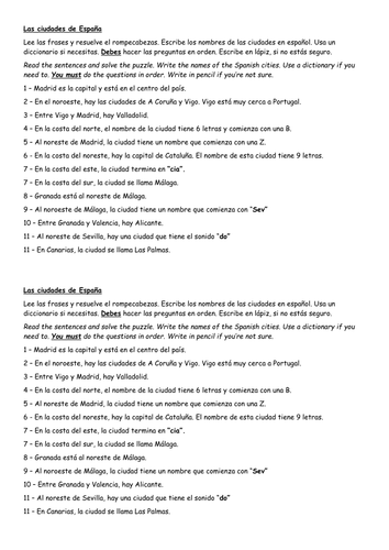 The cities of Spain - logic puzzle. | Teaching Resources