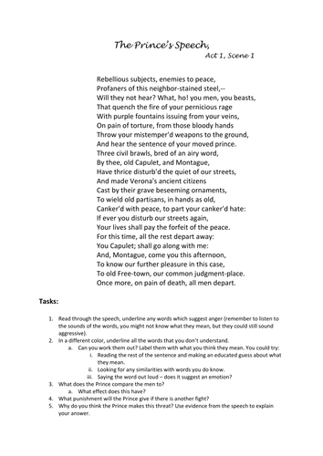 'Romeo & Juliet' - The Prince's Speech | Teaching Resources