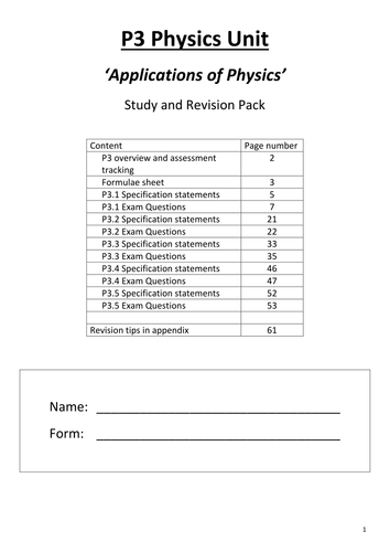 Physics P3 Study and Revision Pack (Edexcel) | Teaching Resources