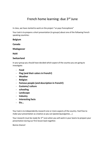 French speaking country project | Teaching Resources