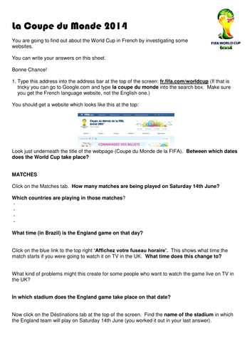 La Coupe du Monde - World Cup Webquest - French | Teaching Resources