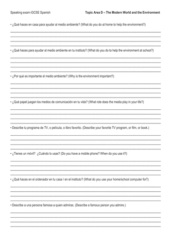 Edexcel iGCSE Speaking practice topic D | Teaching Resources