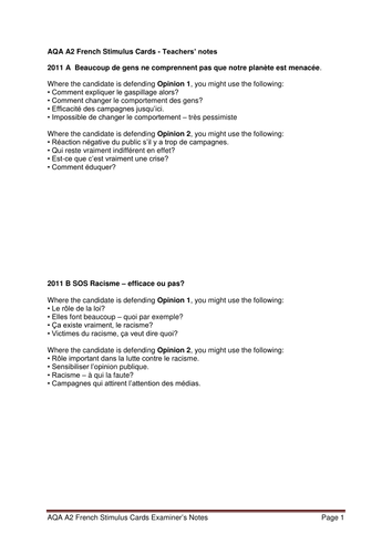 AQA A2 French Stimulus Cards by Topic | Teaching Resources