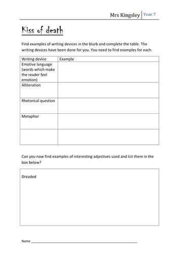 'Kiss of Death' - Malcolm Rose - Resouce sheets | Teaching Resources