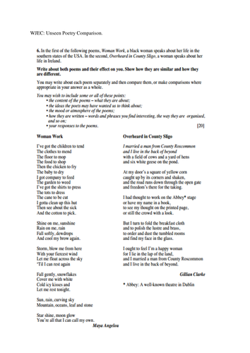 WJEC Unseen Poetry Comparison: Exam Practice | Teaching Resources