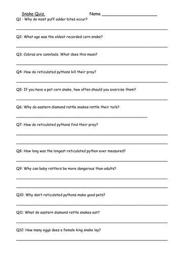 SNAKE INFORMATION. READING RETRIEVAL. | Teaching Resources