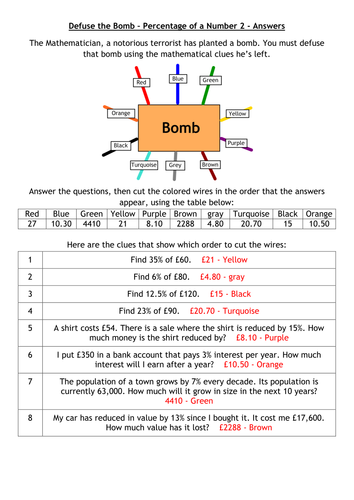 Defuse The Bomb - Fractions, Decimal, Percentages | Teaching Resources