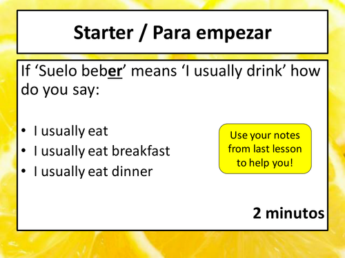 KS4 Spanish: Food, meals, present tense, soler | Teaching Resources
