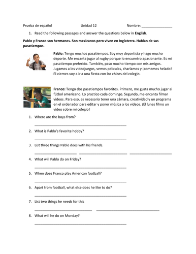 Pasatiempos Test | Teaching Resources