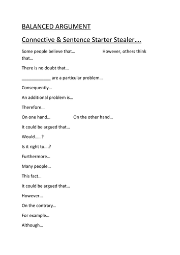 Balanced argument planning template & connectives | Teaching Resources