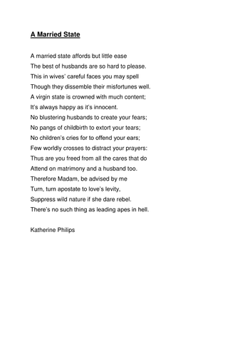 A Married State Katherine Phillips | Teaching Resources