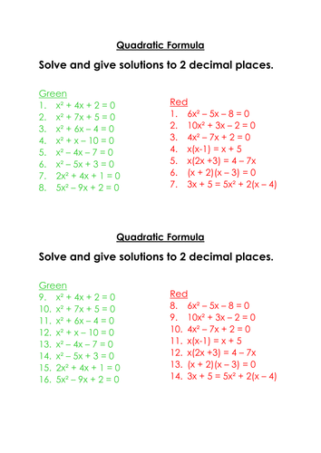 Quadratic Formula Solving Equations Grade A | Teaching Resources