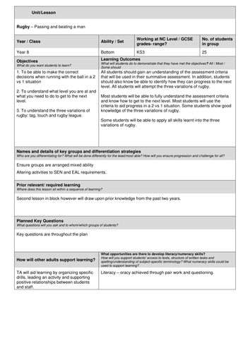 yr 8 rugby lesson plans | Teaching Resources