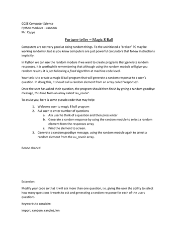 Python 3 - using the Random module | Teaching Resources