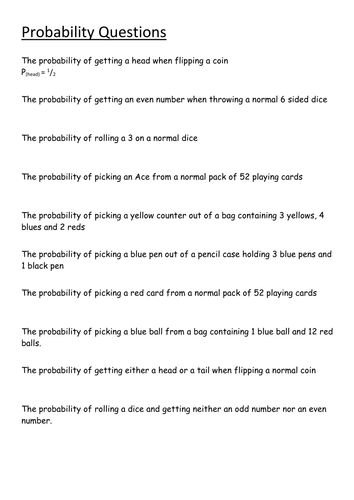 Basic Probabilities Sheet (Worded) | Teaching Resources