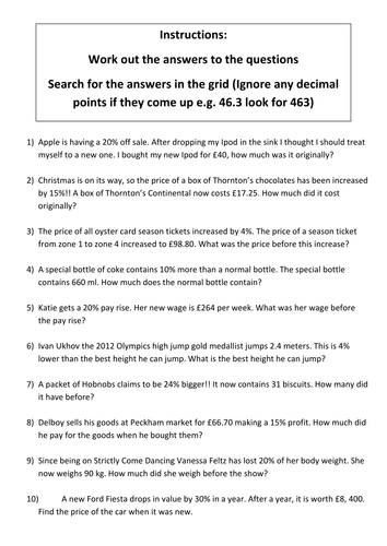 Reverse Percentages lesson with Number Search | Teaching Resources