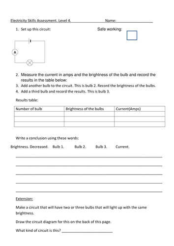 Electricity Skills Assessment | Teaching Resources