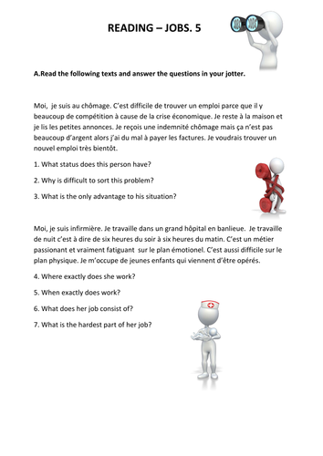 Reading comprehension: chomage et travail | Teaching Resources