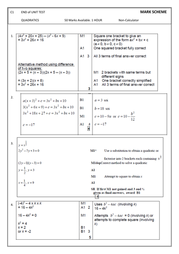 C1 Quadratics Test. With Mark Scheme | Teaching Resources