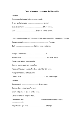 Chanson: Tout le bonheur du monde de Sinsemilia | Teaching Resources