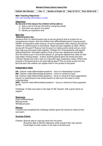 My Teacher (an instruction poem) comprehension | Teaching Resources