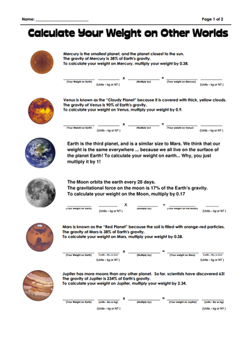 Find you weight on different planets F=ma W=mg | Teaching Resources
