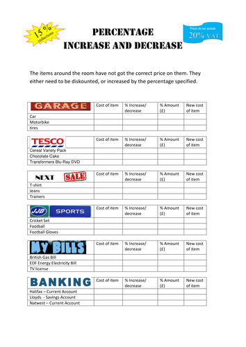 Percentage Increase & Decrease Activity | Teaching Resources