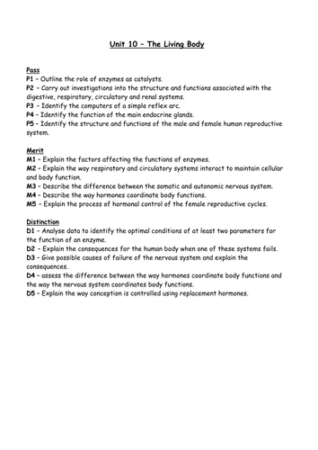 BTEC Level 2 - Unit 10 (Living Body) General | Teaching Resources