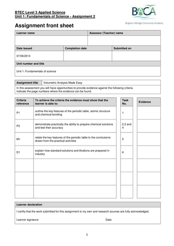 Btec Applied Science Level 3 Unit 1 Teaching Resources