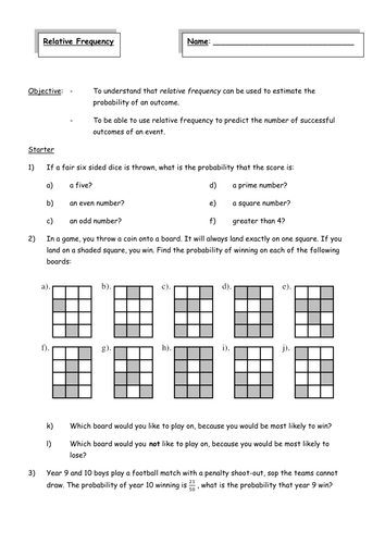 Relative Frequency Worksheet | Teaching Resources