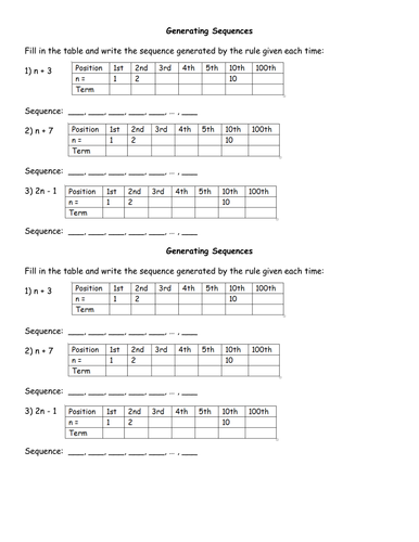Generating Sequences Worksheet Teaching Resources 