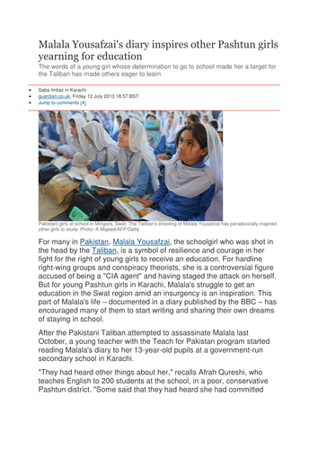 Malala Yousafzai - a source of inspiration | Teaching Resources