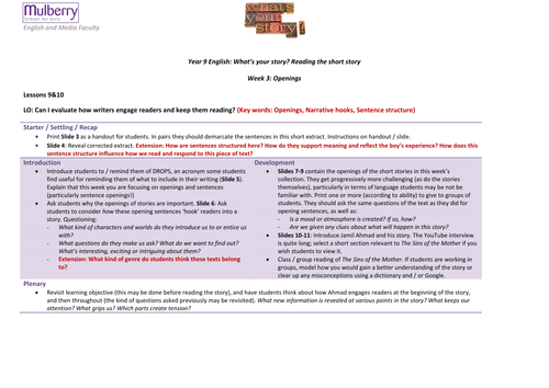 Exploring the Short Story: Week 3 - Openings | Teaching Resources