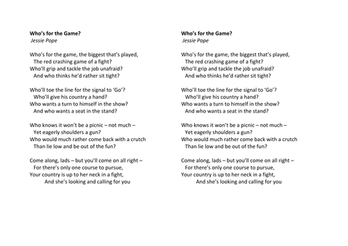 Poetry of War - SOW | Teaching Resources