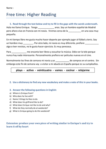 Spanish: Free time - Reading Worksheets | Teaching Resources