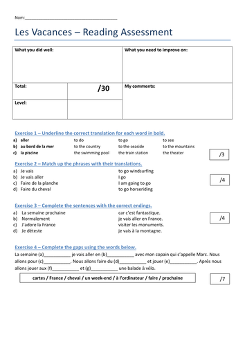 French: Holidays - Y7 Reading Assessment | Teaching Resources