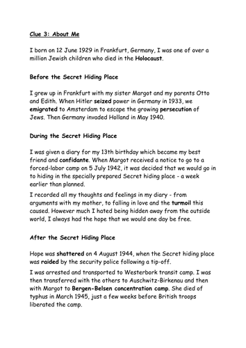 Anne Frank - Mystery Lesson | Teaching Resources