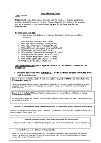End of Year 8 History Exam - Tudors and Stuarts | Teaching Resources