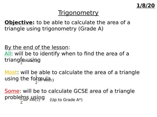 Trigonometry - Area of a Triangle Grade A | Teaching Resources