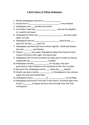 A Brief History of William Shakespeare | Teaching Resources