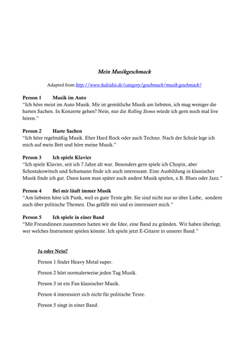 KS 3 German: Reading + Talking ABOUT music | Teaching Resources
