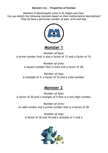 Monsters Inc - Properties of Number | Teaching Resources