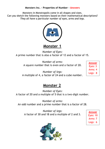 Monsters Inc - Properties of Number | Teaching Resources