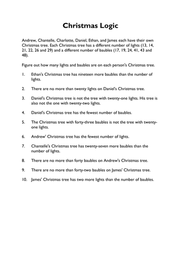Christmas Logic Problem | Teaching Resources