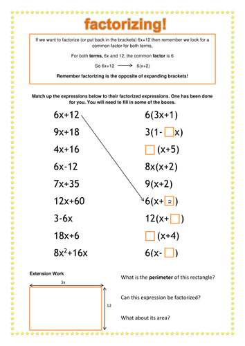 Factorizing Match Up Worksheet | Teaching Resources